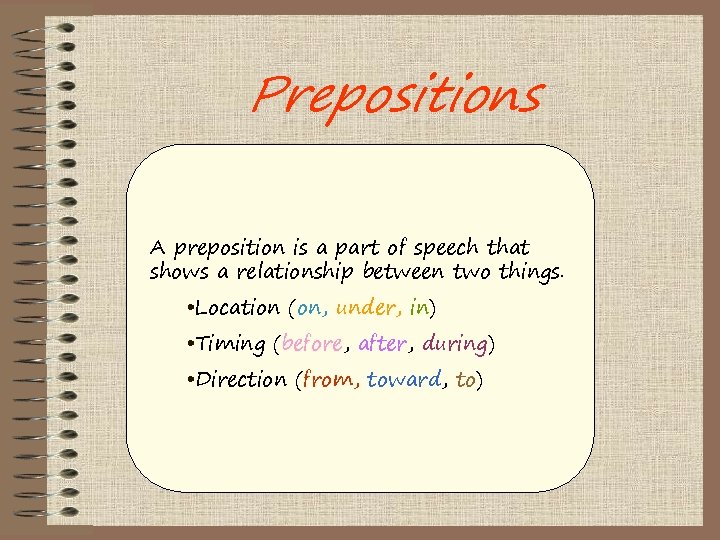 Prepositions A preposition is a part of speech