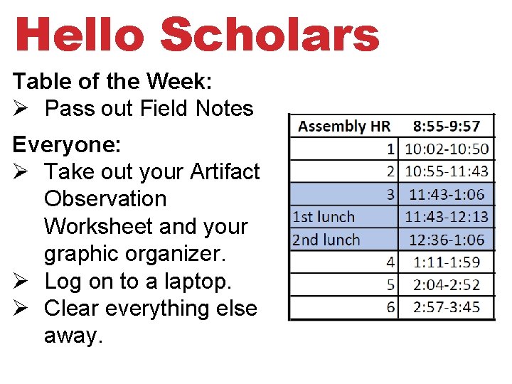 Todays Schedule Hello Scholars Table of the Week