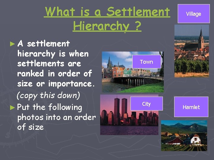 What is a Settlement Hierarchy Learning objectives To