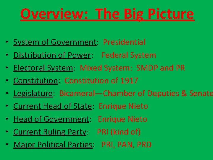 MEXICO Overview The Big Picture System of Government