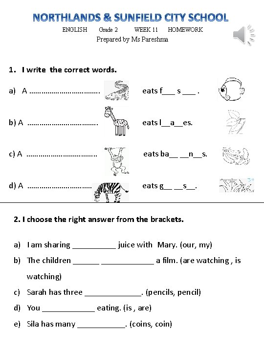 ENGLISH Grade 2 WEEK 11 HOMEWORK Prepared by