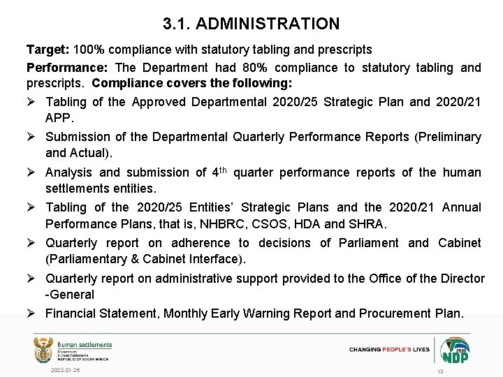 DEPARTMENTAL PERFORMANCE REPORT QUARTER ENDING 31 MARCH 2020