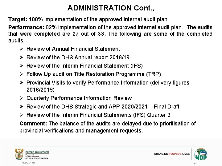 DEPARTMENTAL PERFORMANCE REPORT QUARTER ENDING 31 MARCH 2020