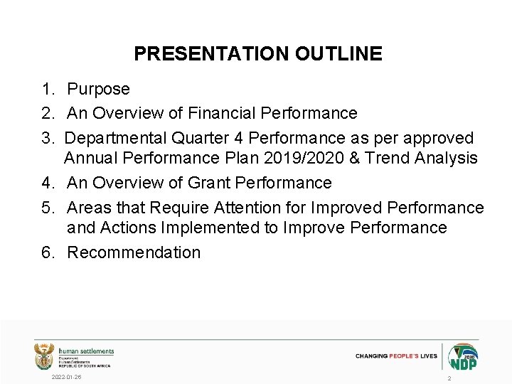 DEPARTMENTAL PERFORMANCE REPORT QUARTER ENDING 31 MARCH 2020