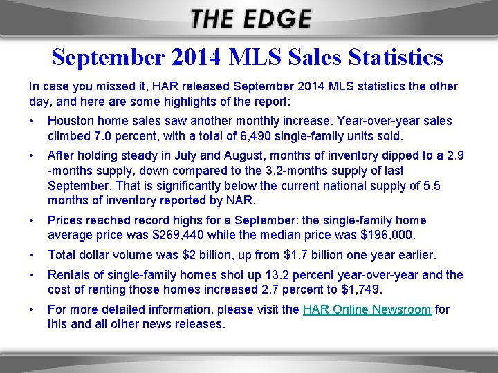 September 2014 MLS Sales Statistics In case you