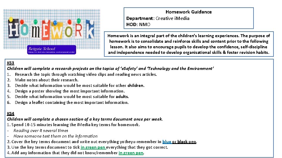 Homework Guidance Department Creative i Media HOD NMO