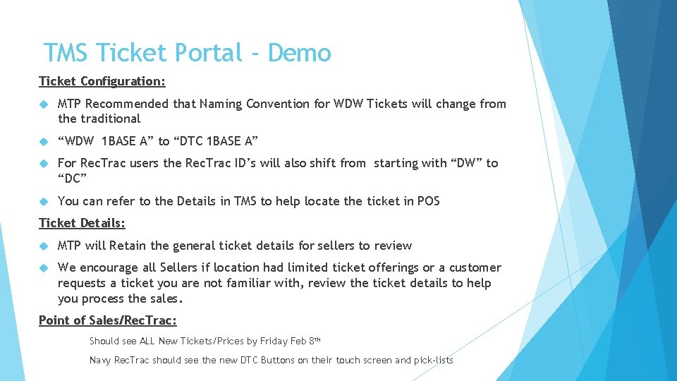 Disney Ticket Connect DTC MTP Guidance for Ticket