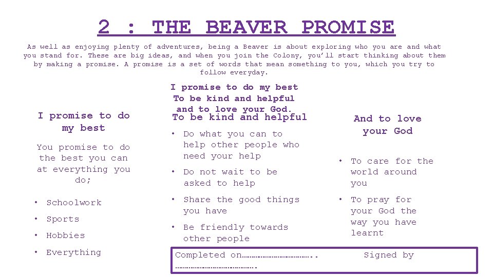 THE BEAVER SCOUT MEMBERSHIP AWARD ACTIVITY PACK Before