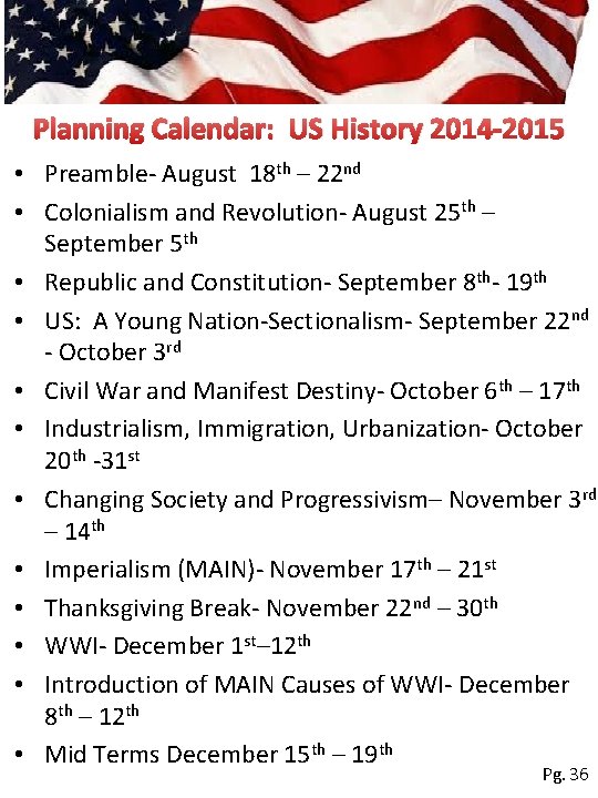 Planning Calendar US History 2014 2015 Preamble August