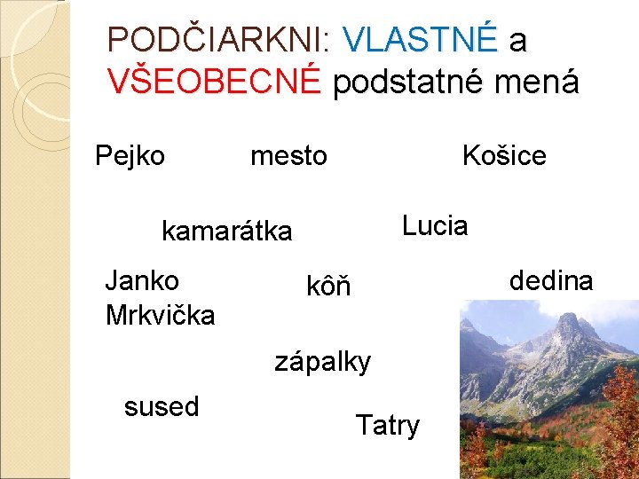 Veobecn a vlastn podstatn men Vlastn podstatn men