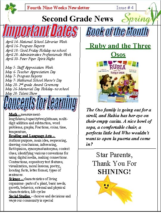 Fourth Nine Weeks Newsletter Issue 4 Second Grade