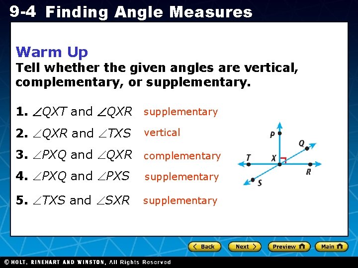 9 4 Finding Angle Measures Preview Warm Up