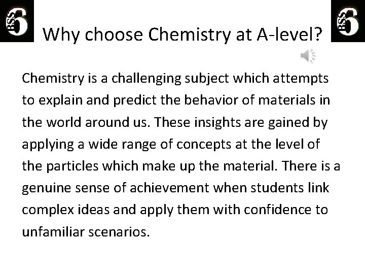 Chemistry A Level Why choose Chemistry at Alevel