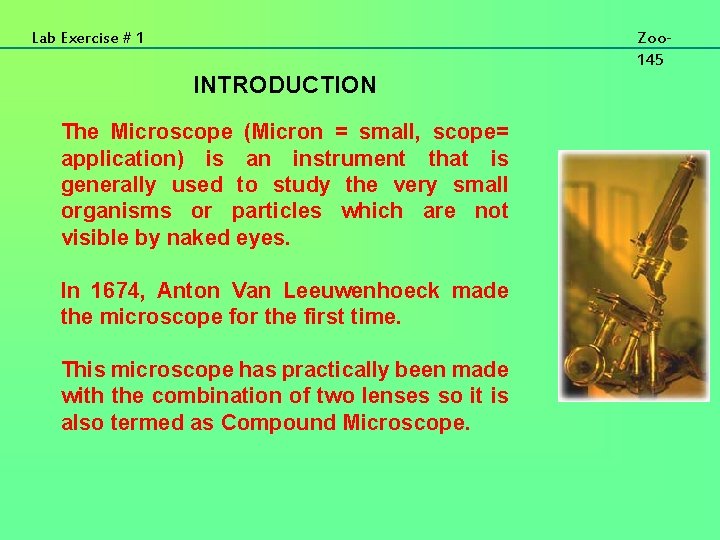 Lab Exercise 1 Microscopy Zoo 145 Lab Exercise