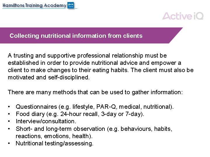 Analysing a clients dietary habits The principles of
