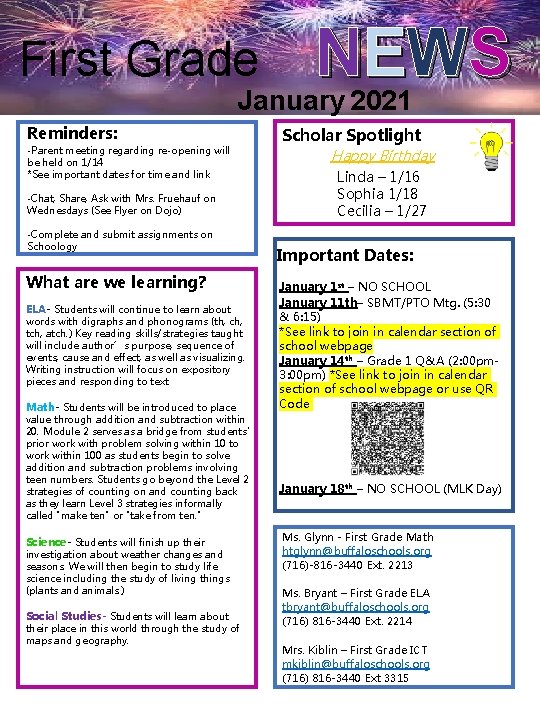 NE W S January 2021 First Grade Reminders