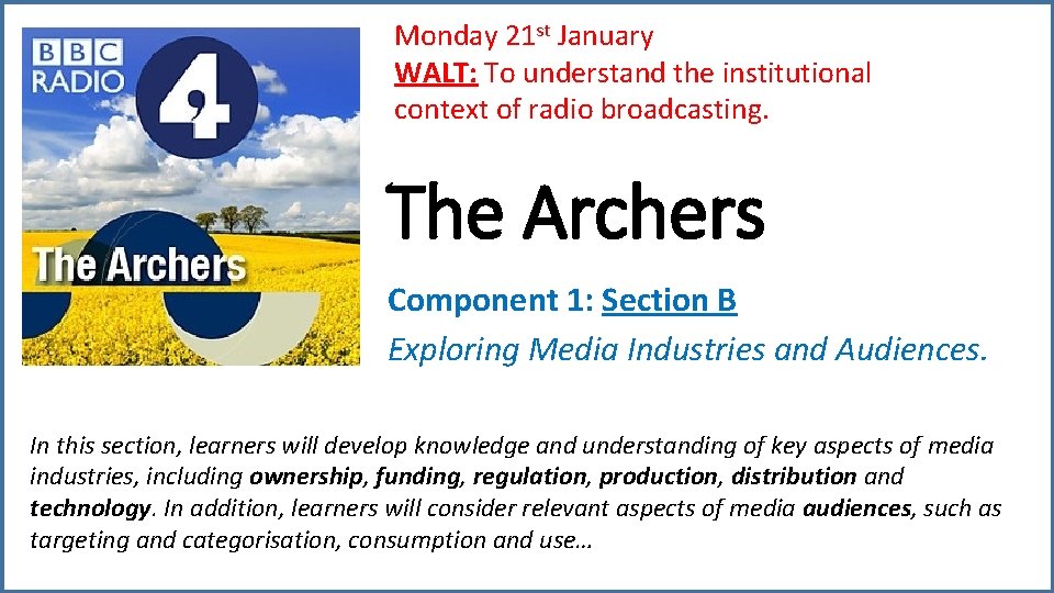 Monday 21 st January WALT To understand the