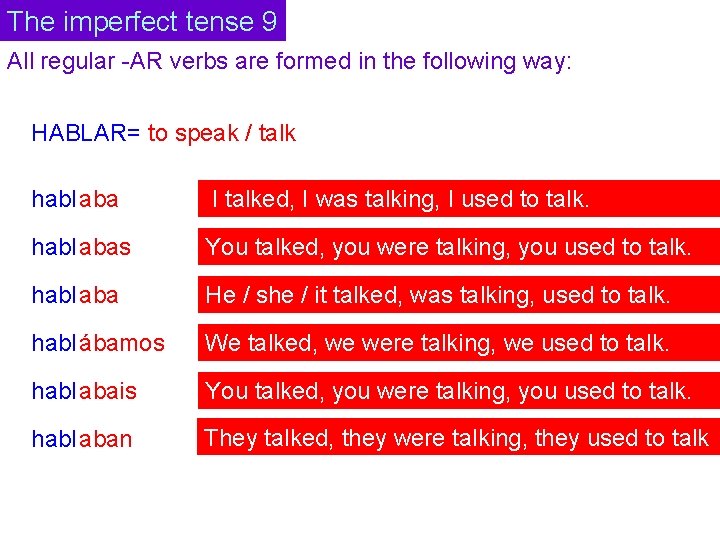 The imperfect tense 8 Regular verbs The imperfect