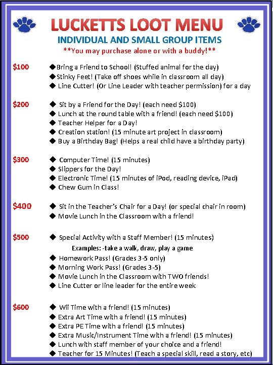 LUCKETTS LOOT MENU INDIVIDUAL AND SMALL GROUP ITEMS