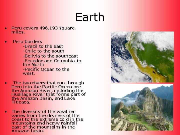 Earth Peru covers 496 193 square miles Peru