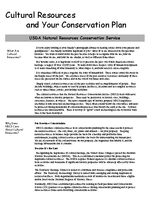 Cultural Resources and Your Conservation Plan USDA Natural