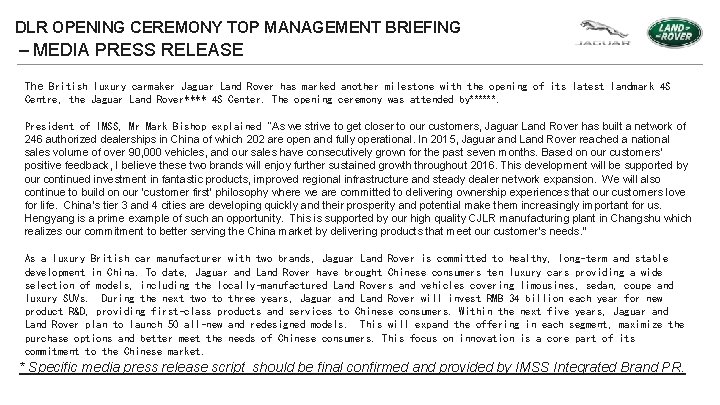 DLR OPENING CEREMONY TOP MANAGEMENT BRIEFING RETAIL MARKETING