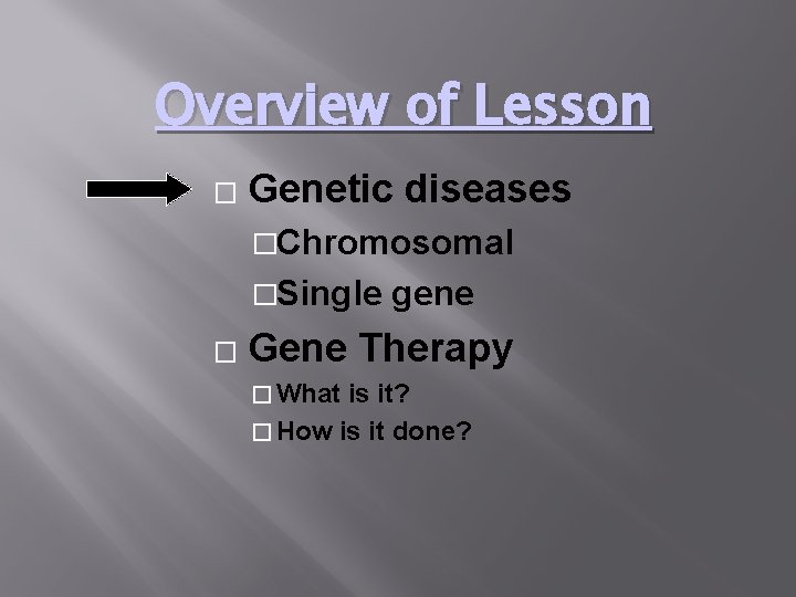 Overview of Lesson Genetic diseases Chromosomal Single gene