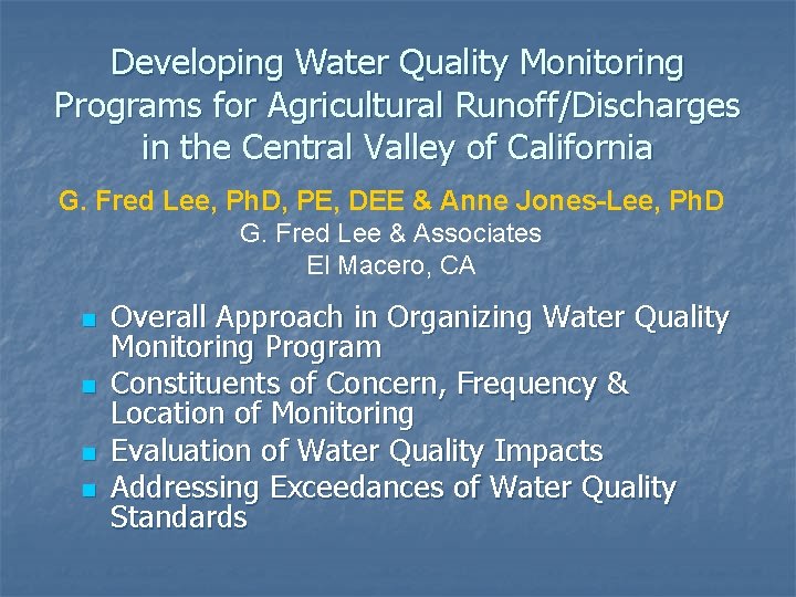 Developing Water Quality Monitoring Programs for Agricultural ...