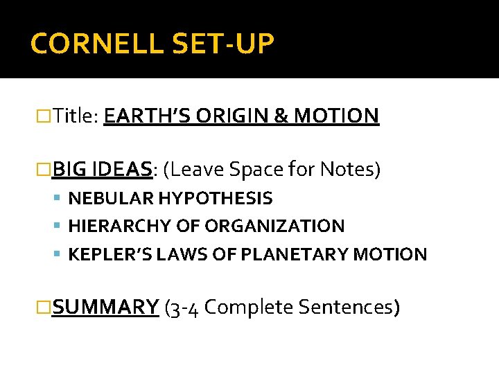 Earths Origin Motion CORNELL SETUP Title EARTHS ORIGIN