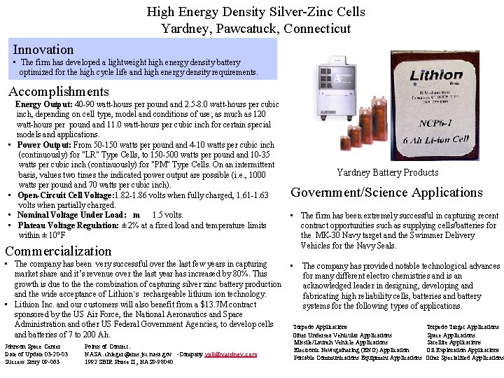 High Energy Density SilverZinc Cells Yardney Pawcatuck Connecticut
