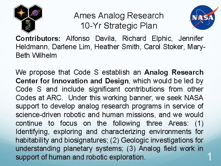 Ames Analog Research 10 Yr Strategic Plan Contributors