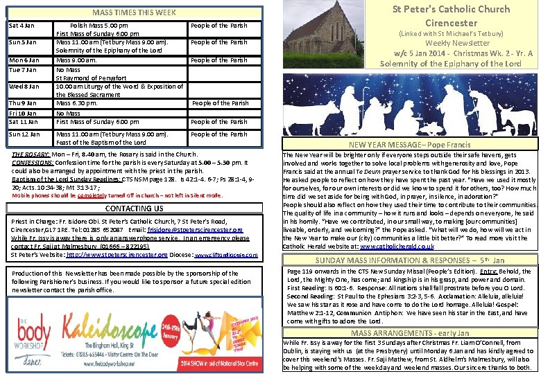 MASS TIMES THIS WEEK Sat 4 Jan Sun