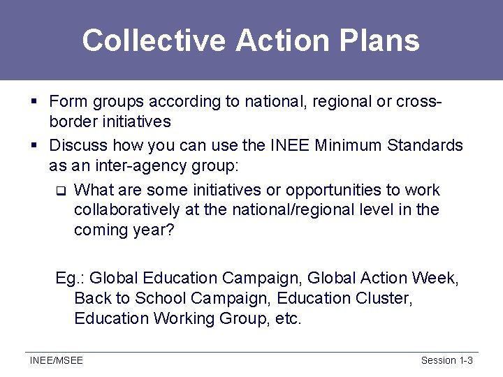 Collective Action Plans INEEMSEE InterAgency Network for Session