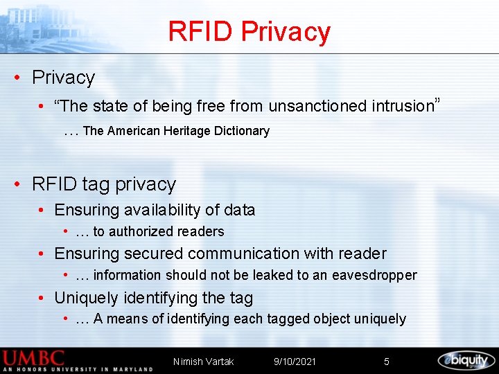Protecting the Privacy of RFID Tags Nimish Vartak
