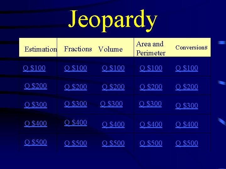 Jeopardy Estimation Fractions Volume Area and Perimeter Conversions