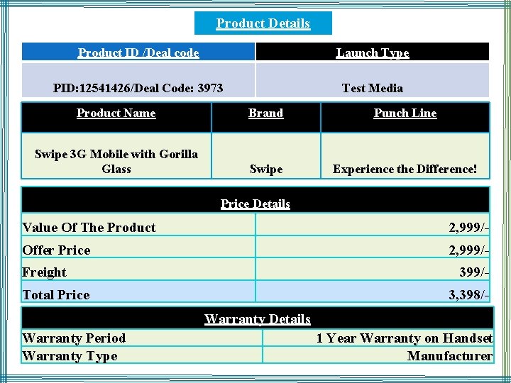 Product Details Product ID Deal code Launch Type