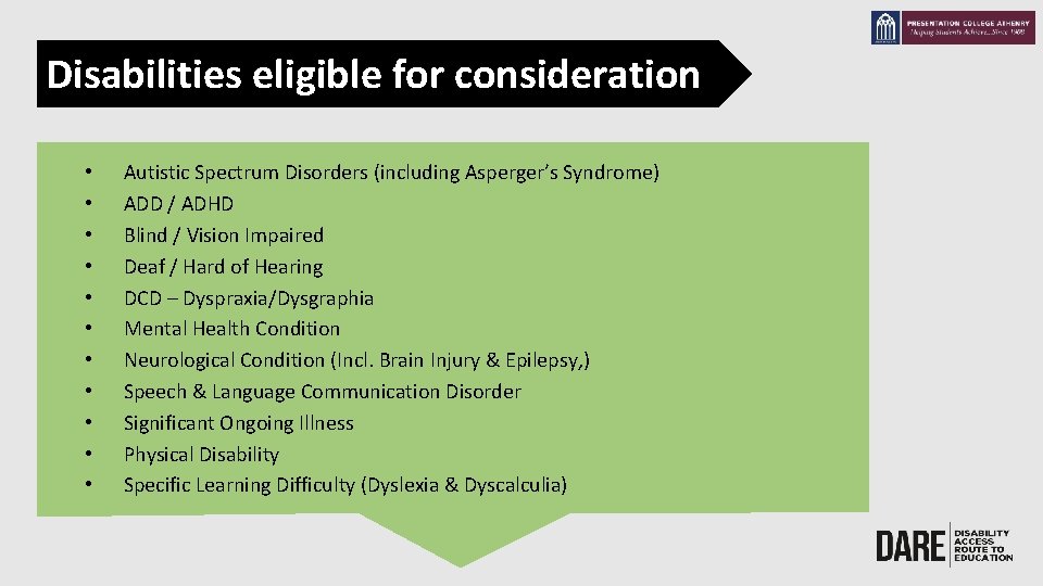 DARE Disability Access Route to Education School Presentation