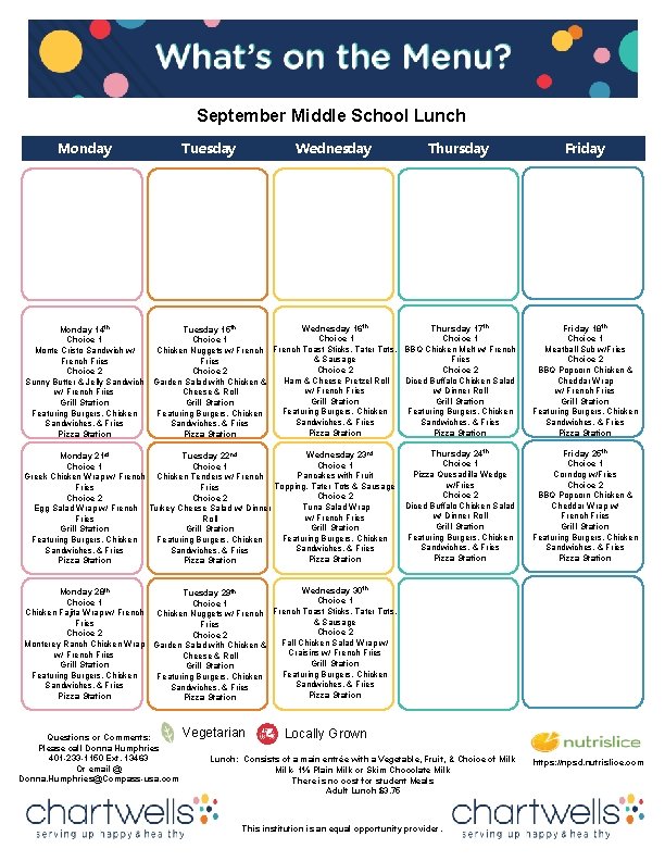 September Middle School Lunch Monday 14 th Choice
