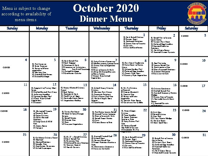 October 2020 Menu is subject to change according