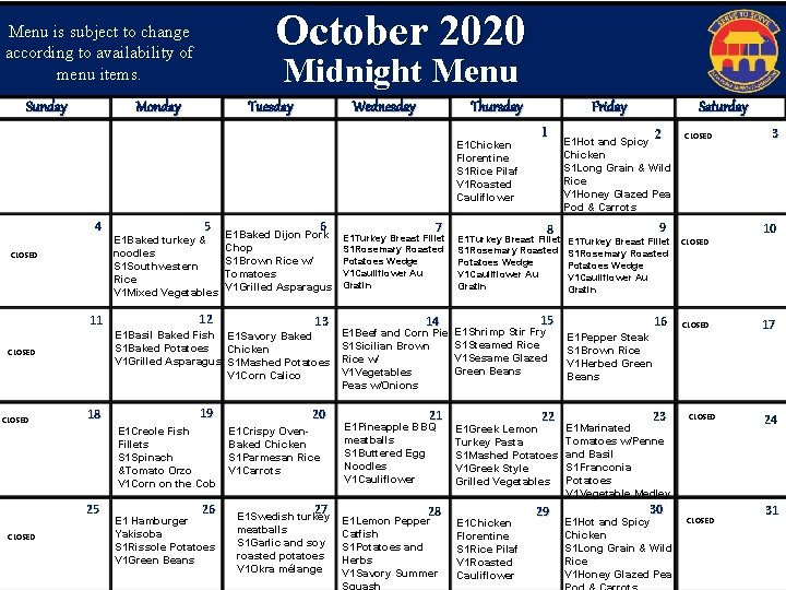October 2020 Menu is subject to change according