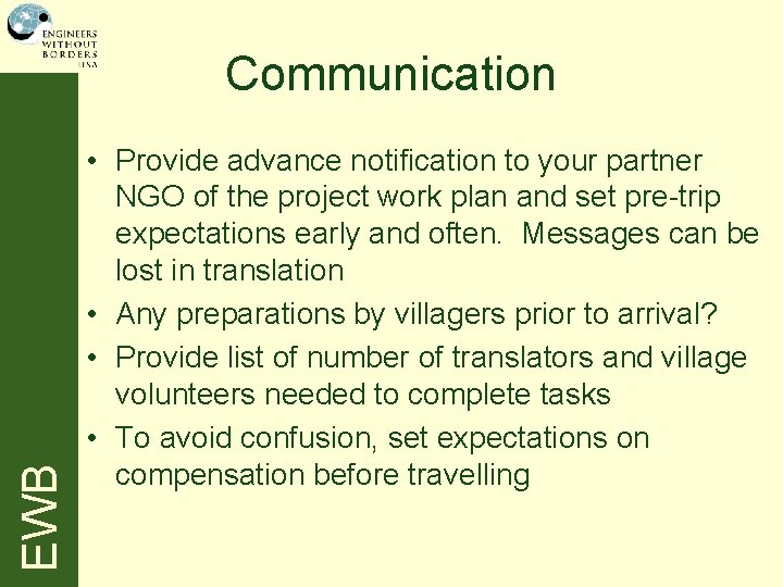 EWBUSA EWB Project PreTrip Planning and Training Rocky