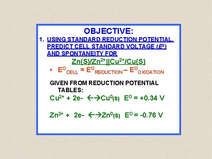 THE VOLTAIC GALVANIC ELECTROCHEMICAL CELL 426 OBJECTIVES 1