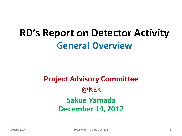 RDs Report on Detector Activity General Overview Project