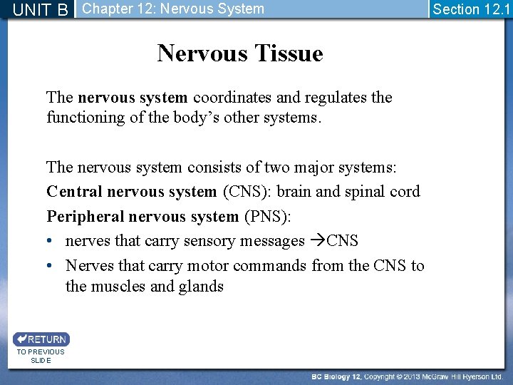 UNIT B Chapter 12 Nervous System In this