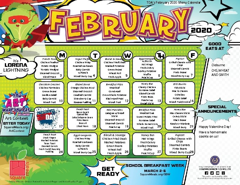 TDAs February 2020 Menu Calendar French Toast Chicken