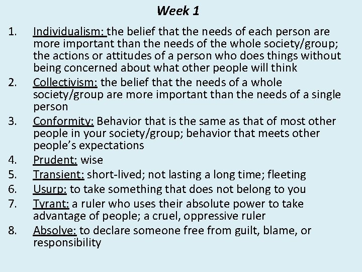 Individuality Conformity Unit Vocabulary Definitions The vocabulary terms