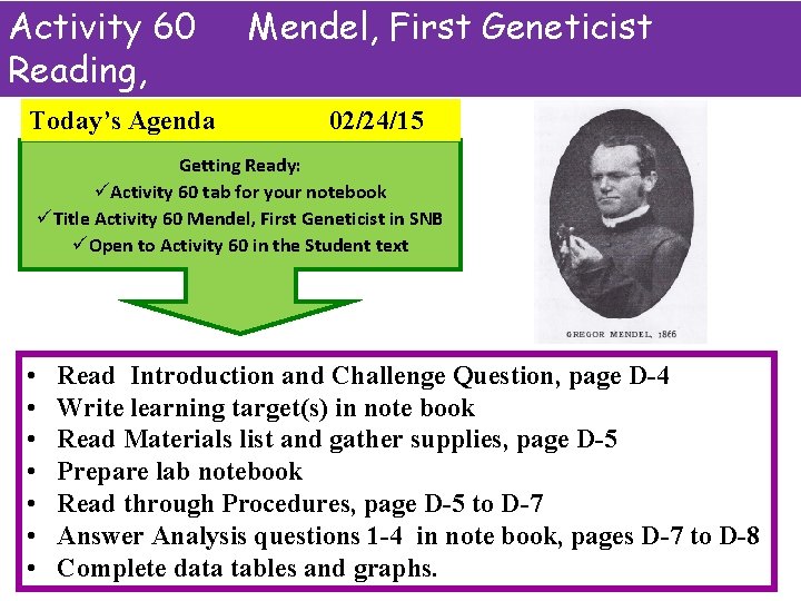 Activity 60 Reading Mendel First Geneticist Learning Target