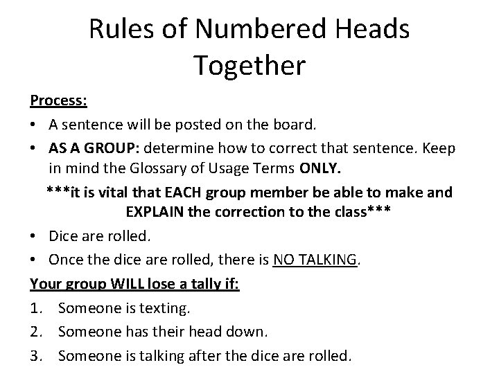 Glossary of Usage Review Numbered Heads Together Rules