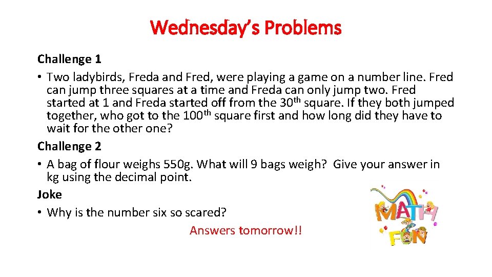 Solutions Maths Problems of The Day Come back