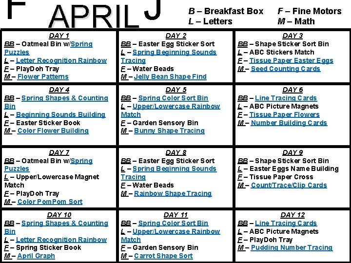 F J APRIL B Breakfast Box L Letters
